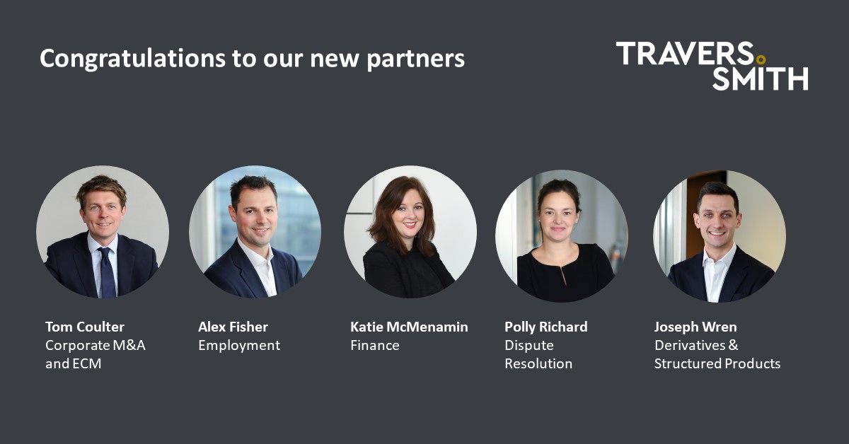 Travers Smith promotes five lawyers to its partnership
