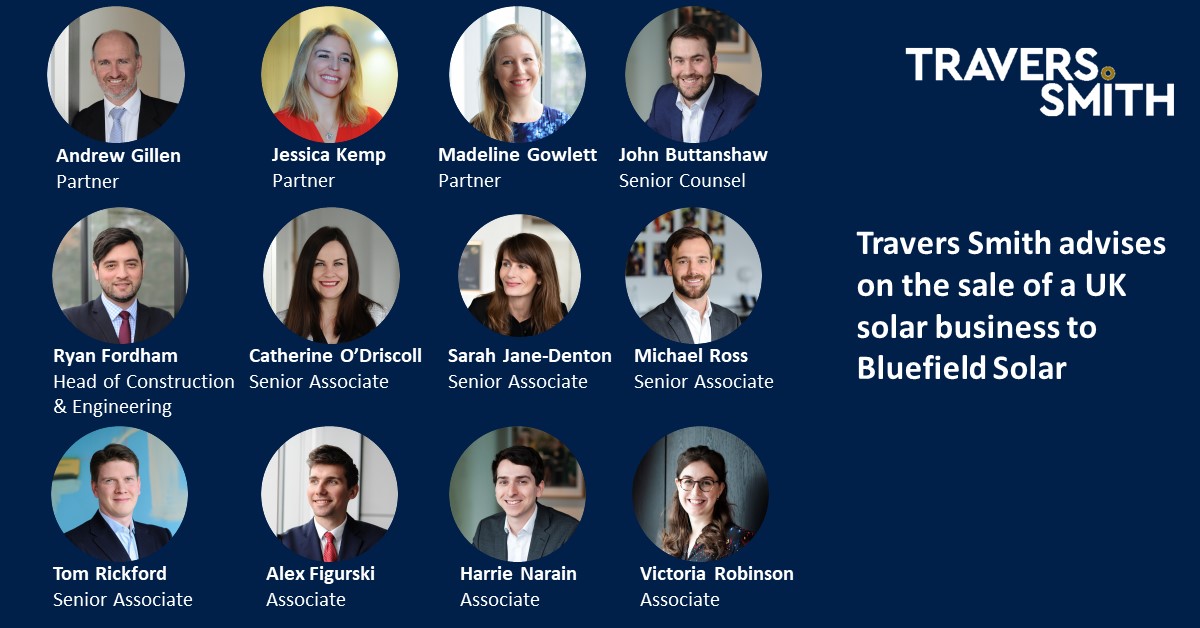 Travers Smith advises sale of a UK solar business Bluefield Solar